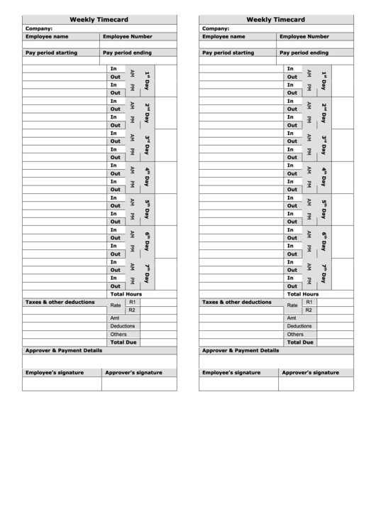 Fillable Weekly Time Card printable pdf download