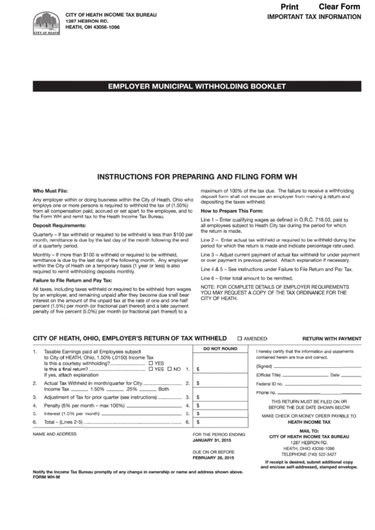 Fillable Employer'S Return Of Tax Withheld - City Of Heath printable ...