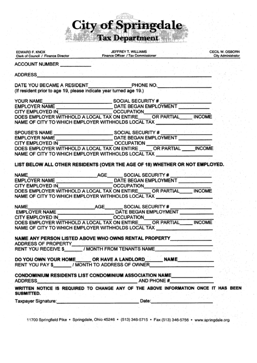 Taxpayer Registration Form - City Of Springdale printable pdf download