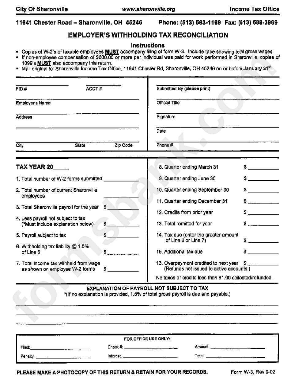 Form W 3 Employer S Withholding Tax Reconciliation Of 