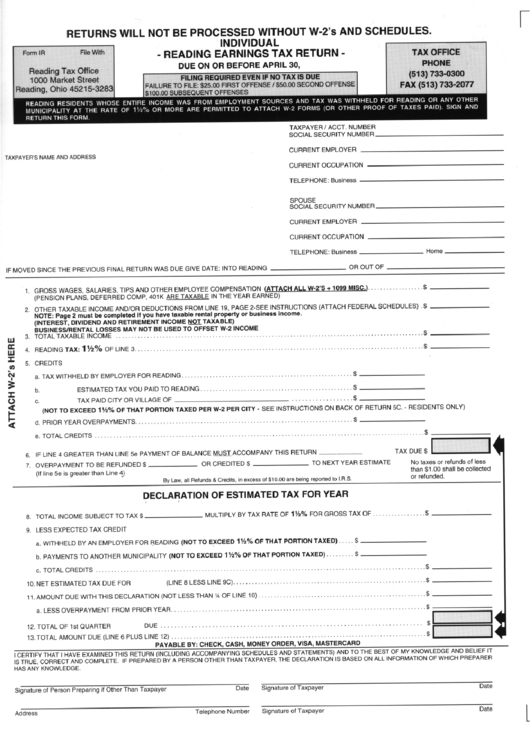 Form Ir - Individual Earnings Tax Return printable pdf download
