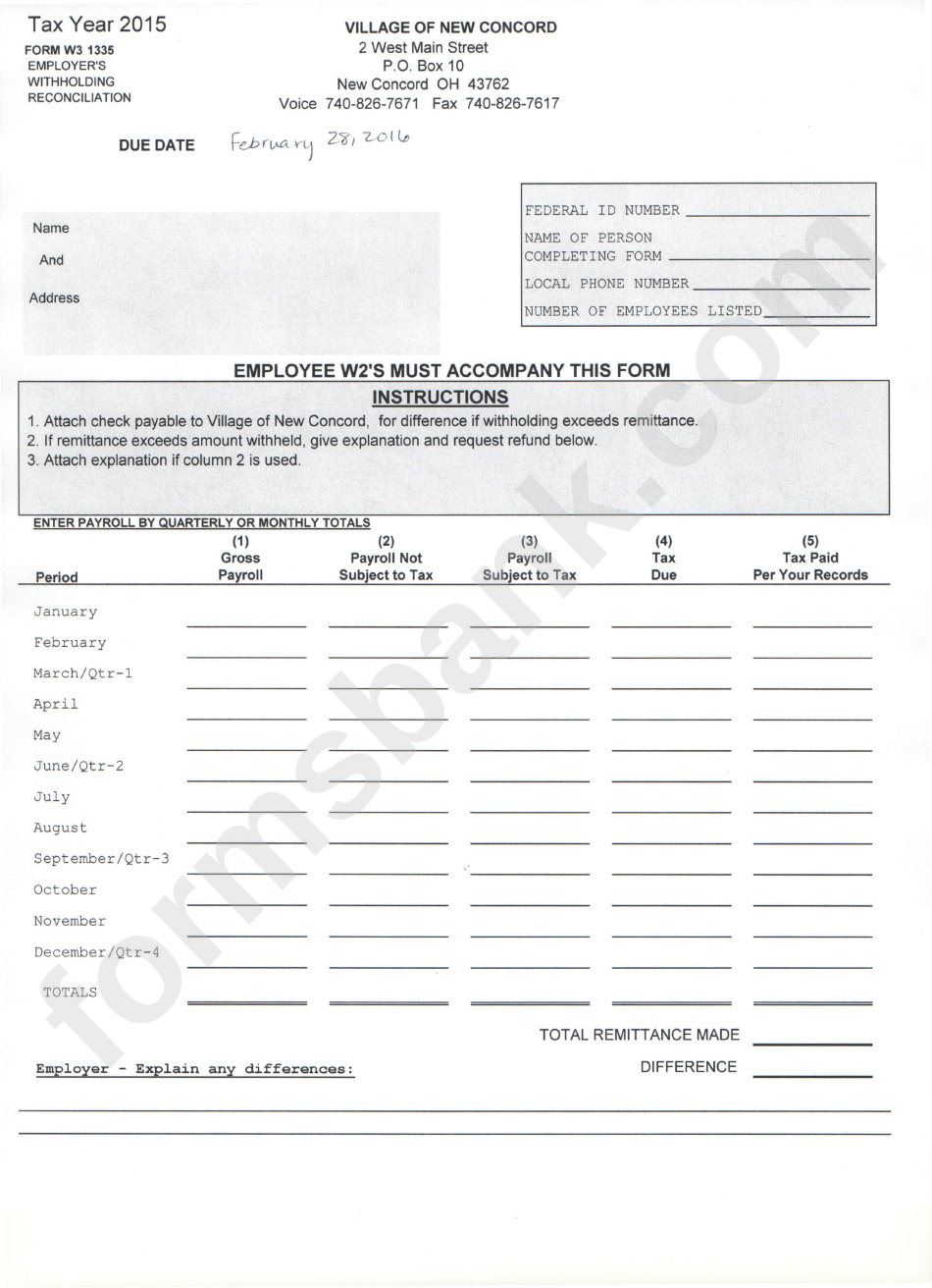Form W3 1335 - Employer'S Withholding Reconciliation - 2015 printable ...