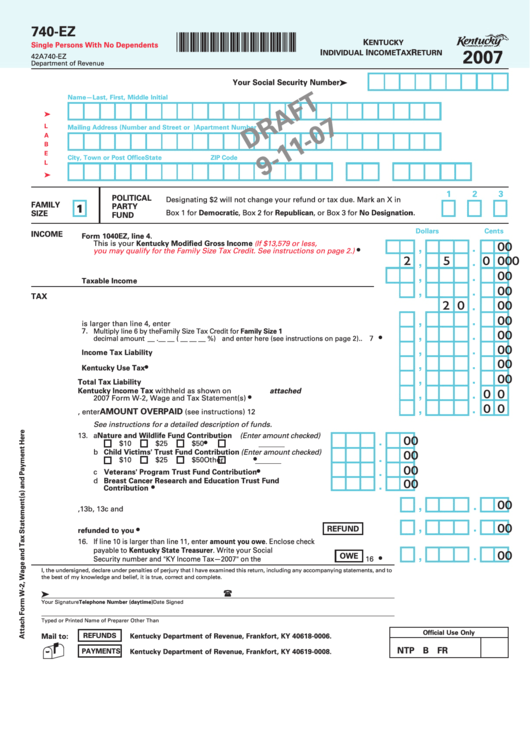 Form 740-Ez Draft - Individual Income Tax Return - 2007 printable pdf ...