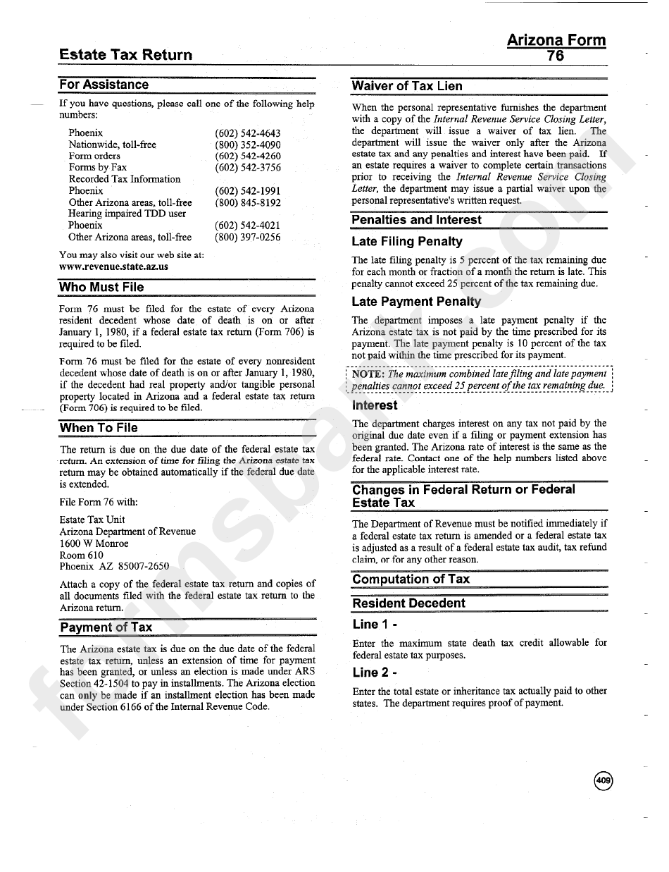 Arizona Form 76 - Estate Tax Return printable pdf download