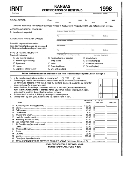 Fillable Form K-40h - Schedule Rnt - Certification Of Rent Paid - 1998 ...