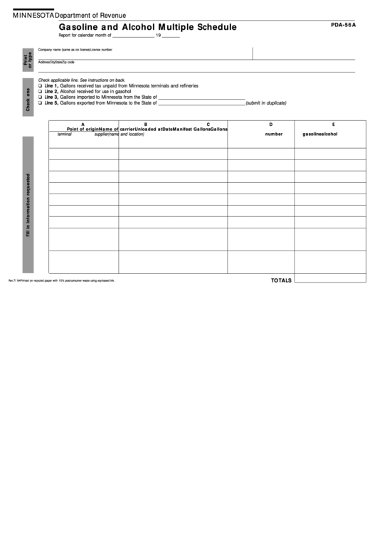 Fillable Form Pda-56a - Gasoline And Alcohol Multiple Schedule ...