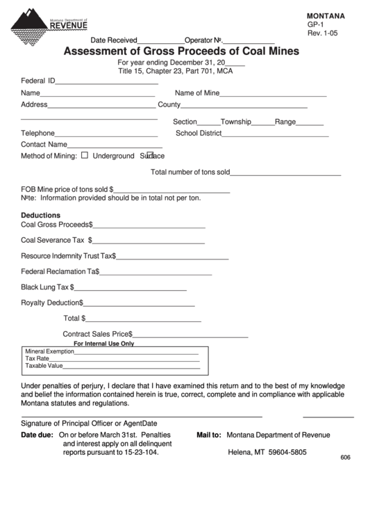 Fillable Montana Form Gp-1 - Assessment Of Gross Proceeds Of Coal Mines ...