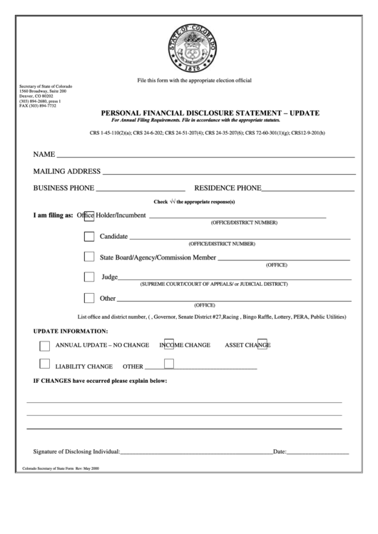 Fillable Personal Financial Disclosure Statement - Update - Colorado ...