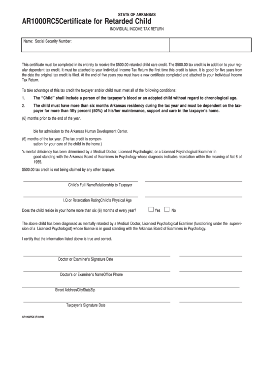Fillable Form Ar1000rc5 - Certificate For Retarded Child printable pdf ...