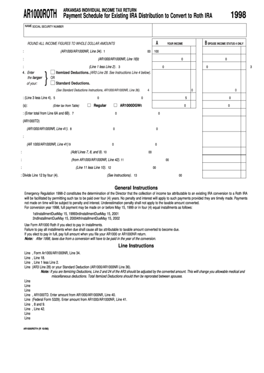 Fillable Form Ar1000roth - Payment Schedule For Existing Ira ...