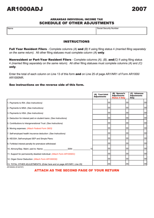 Form Ar1000adj - Arkansas Individual Income Tax Schedule Of Other ...