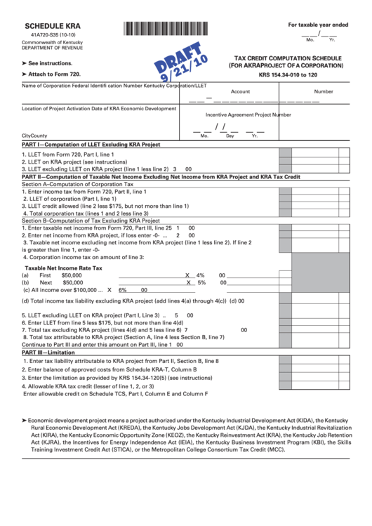 Form 41a720-S35 Draft - Schedule Kra - Tax Credit Computation Shedule ...