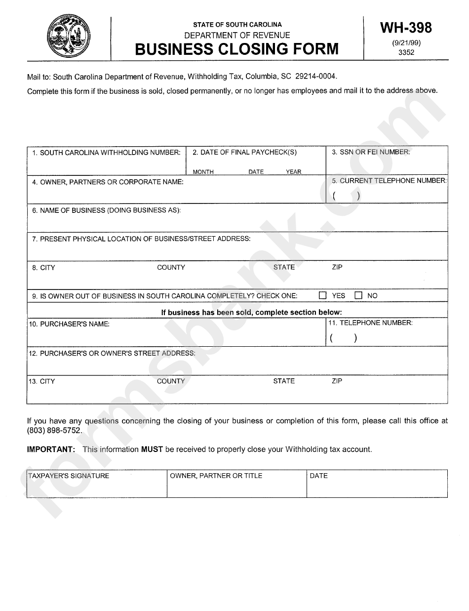 Form Wh398 - Business Closing Form printable pdf download