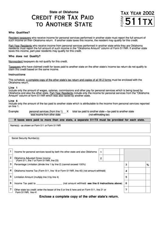 Form 511tx - Credit For Tax Paid To Another State - 2002 printable pdf ...