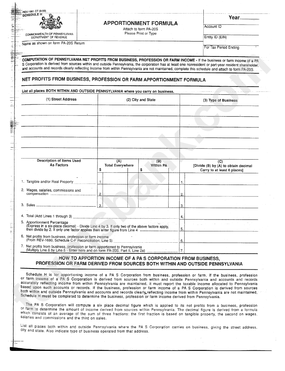 Form Rev-1681 Ct (Shedule H) - Apportionment Formula printable pdf download
