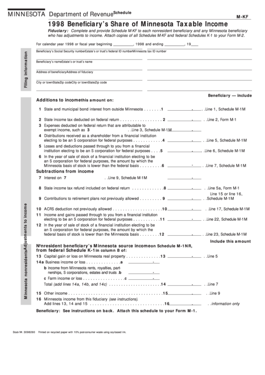 Fillable Shedule M-Kf (Form M-1) - 1998 Beneficiary'S Share Of ...