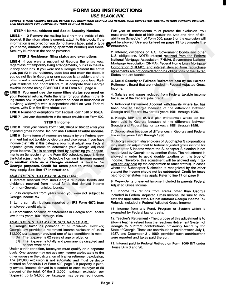 Form 500 Instructions printable pdf download