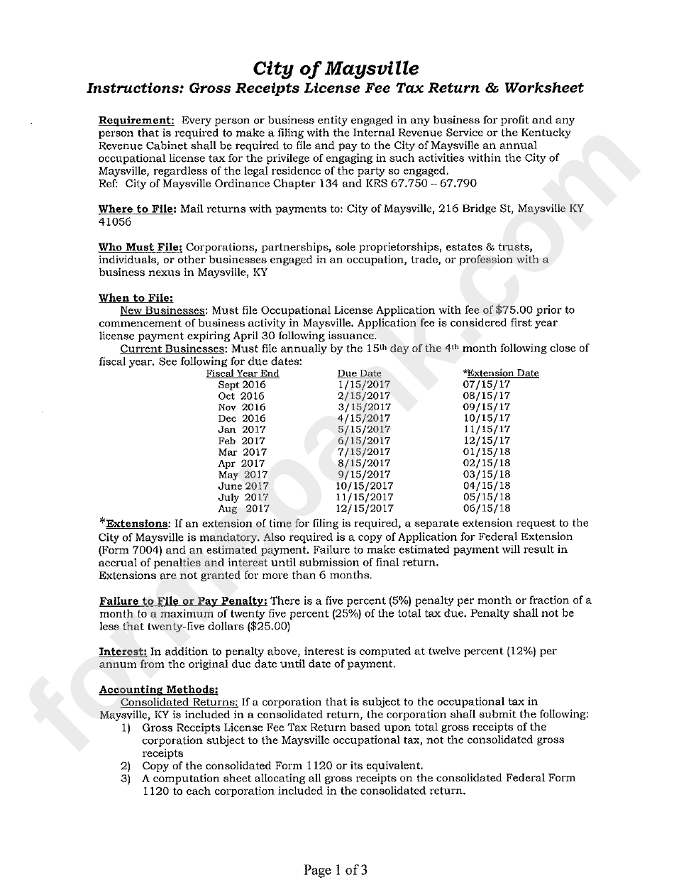 Instructions For Gross Recepts License Fee Tax Return Worksheet