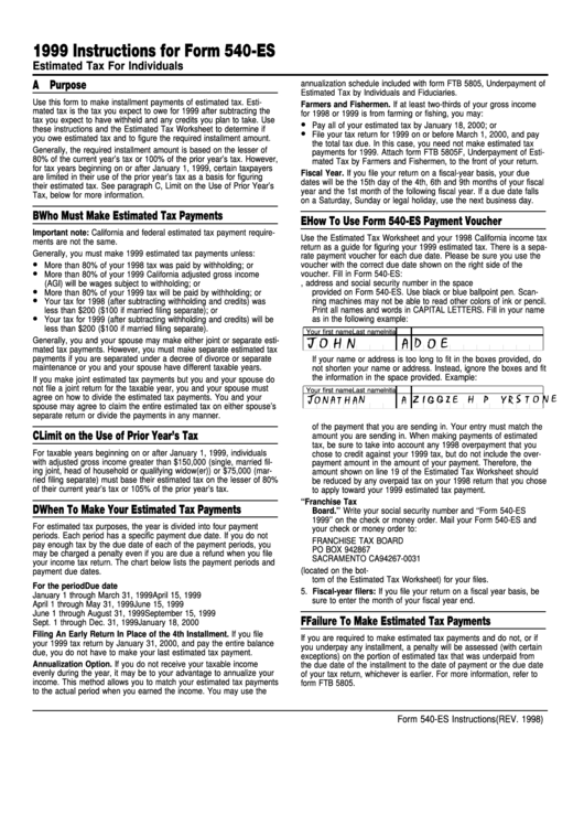 Instructions For Form 540 Es Estimated Tax For Individuals 1999