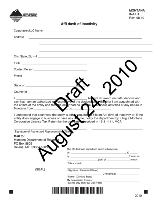 Form Ina-Ct Draft - Affidavit Of Inactivity - 2010 printable pdf download