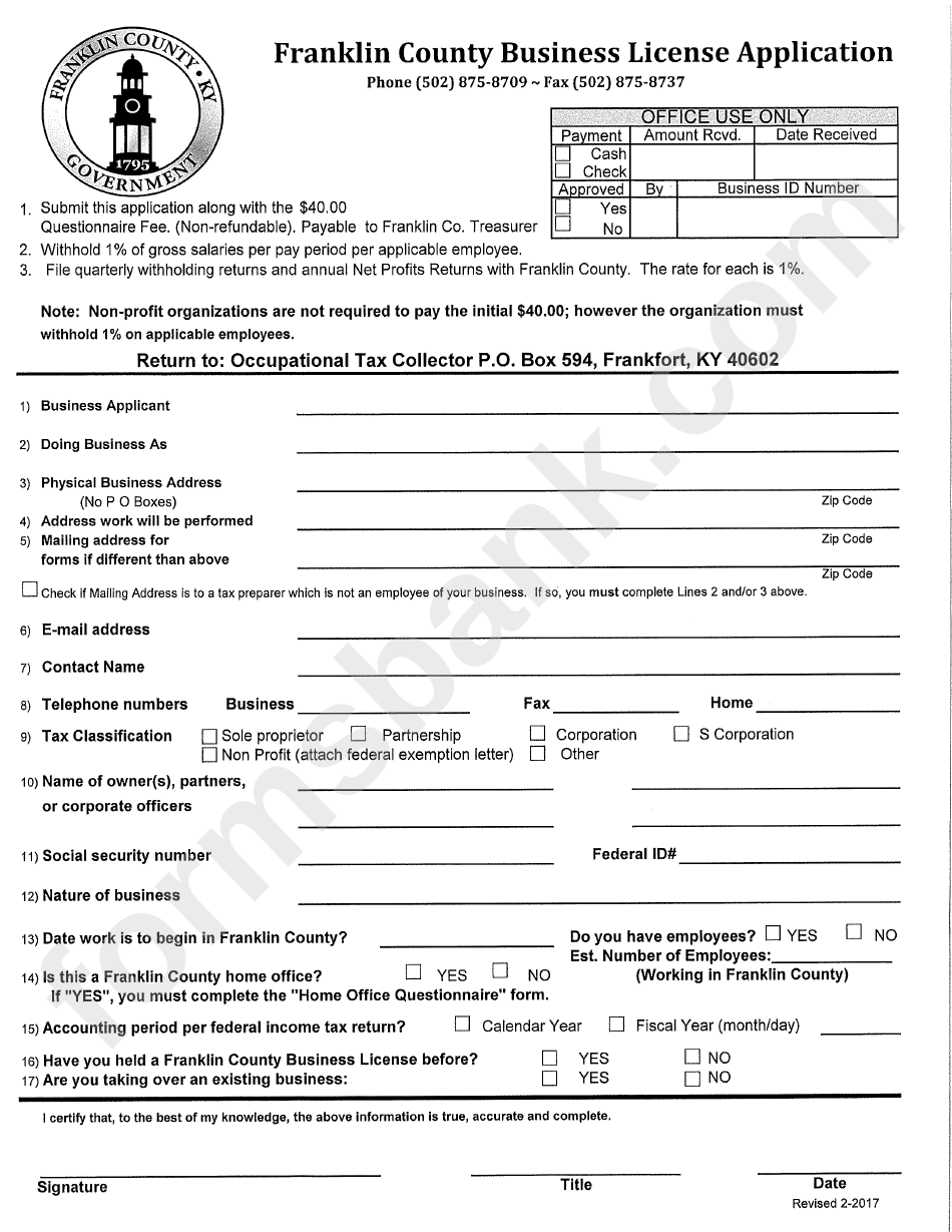 Business License Application - Franklin Country printable pdf download
