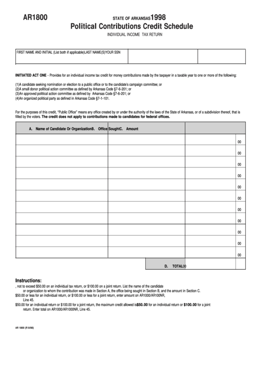 Fillable Form Ar1800 - Political Contributions Credit Schedule ...