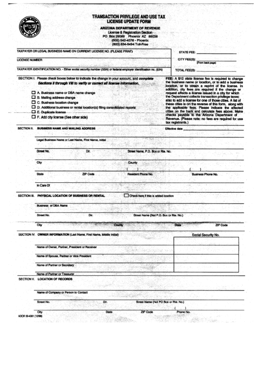 Transaction Privilege And Use Tax License Update Form Printable Pdf