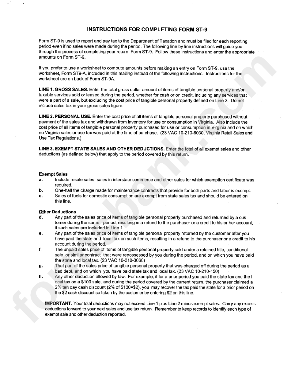 Instructions For Completing Form St-9 printable pdf download