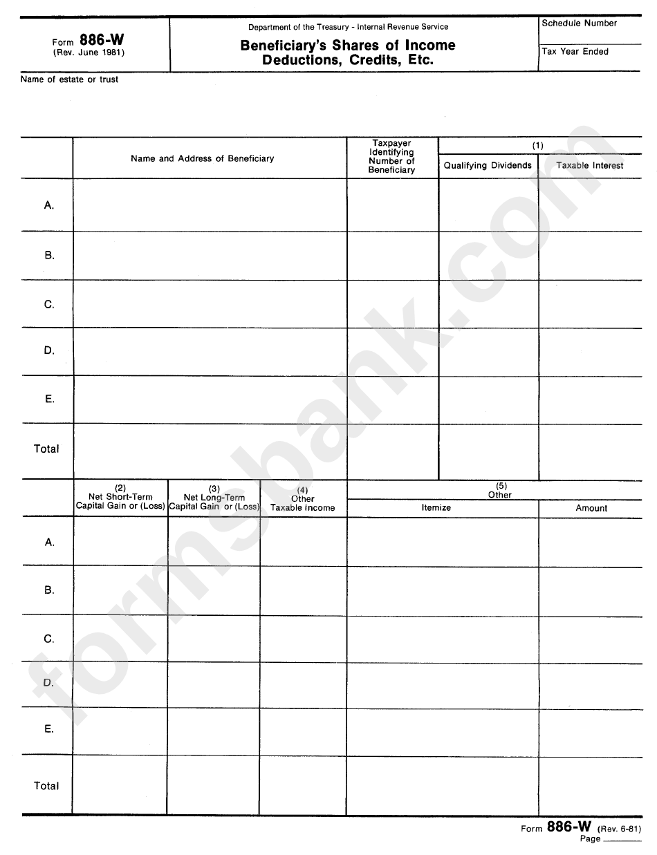 Form 886-W - Beneficiary'S Shares Of Income Deductions, Credits, Etc ...