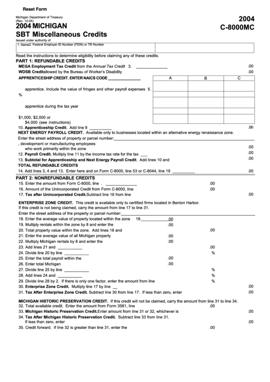 Fillable Form C-8000mc - Sbt Miscellaneous Credits - 2004 printable pdf ...