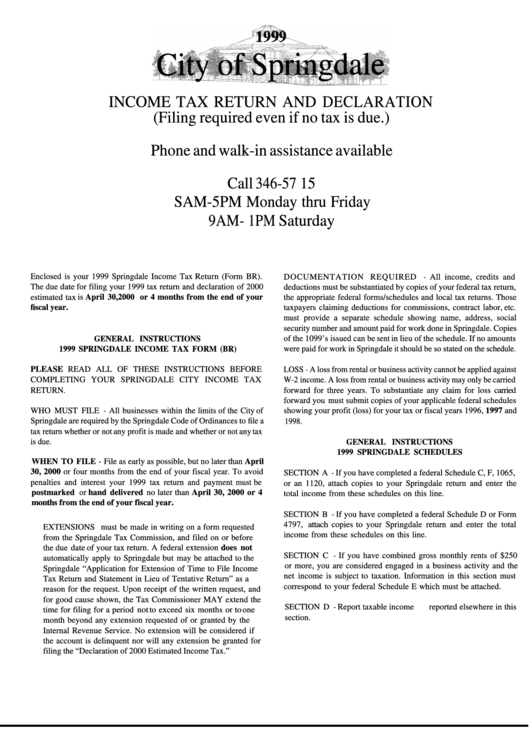 General Instructions For Springdale Income Tax Form (Br) - 1999 ...