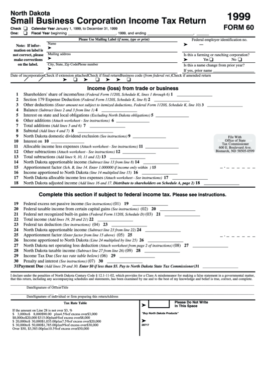 Form 60 - Small Business Corporation Income Tax Return 1999 printable ...