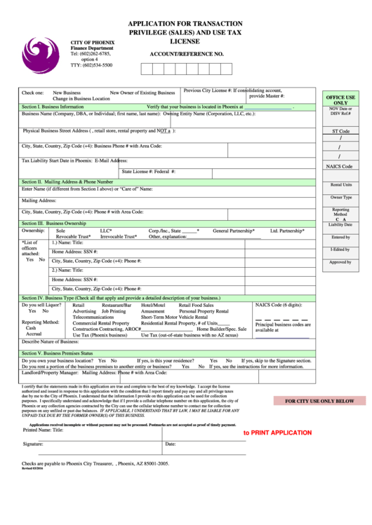 Fillable Application For Transaction Privilege Sales And Use Tax