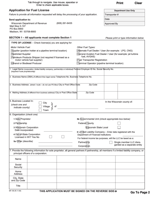 Fillable Form Mf-100 - Application For Fuel License printable pdf download
