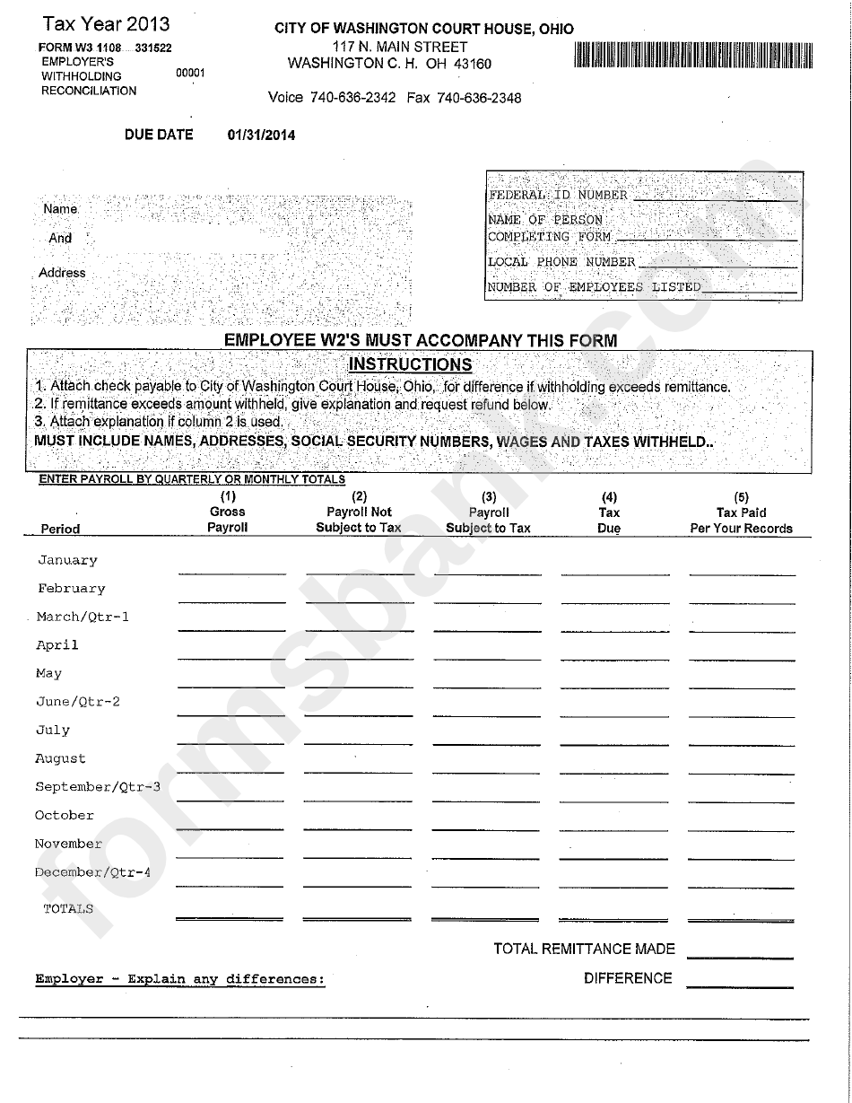 Form W3 Employer S Withholding Reconciliation Of Washington 
