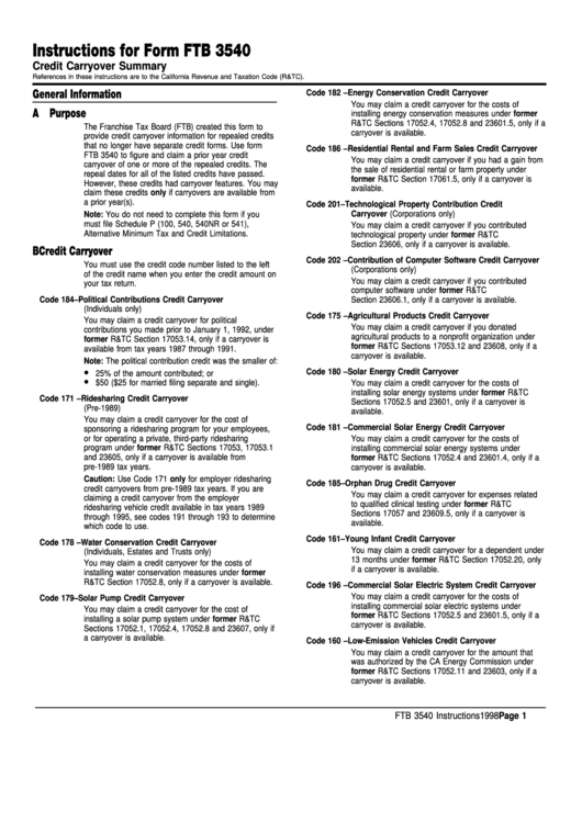 Instructions For Form Ftb 3540 Credit Carryover Summary Printable Pdf instructions-for-form-ftb-3540-credit-carryover-summary-printable-pdf
