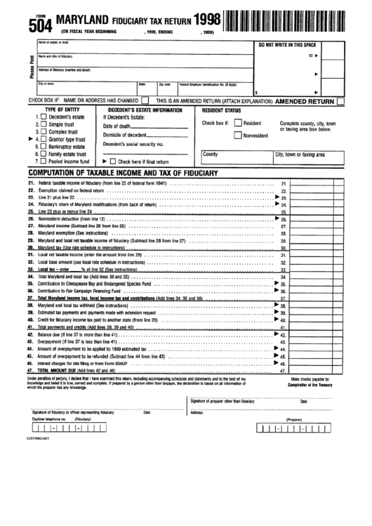 Fillable Form 504 - Maryland Fiduciary Tax Return - 1998 printable pdf ...