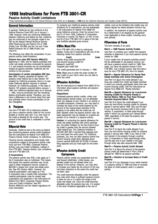 Instructions For Form Ftb 3801-Cr - Passive Activity Credit Limitations ...