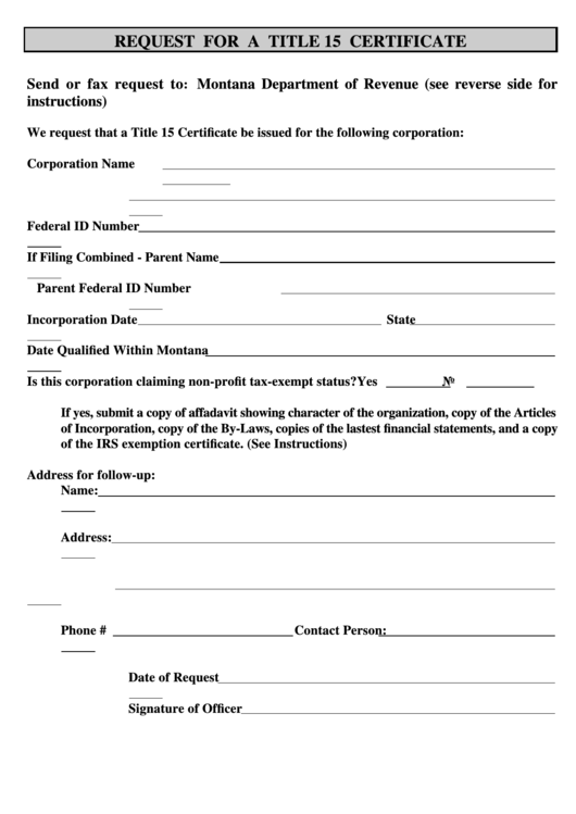 Request For A Title 15 Certificate printable pdf download