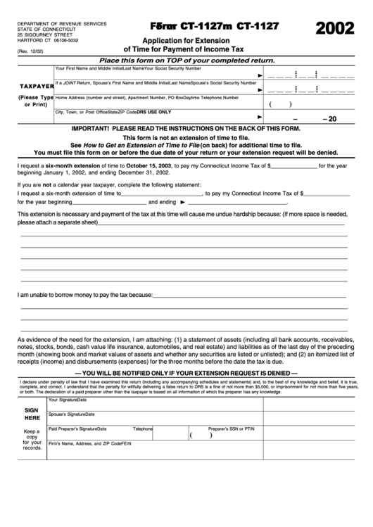 Form Ct-1127 - Application For Extension Of Time For Payment Of Income ...