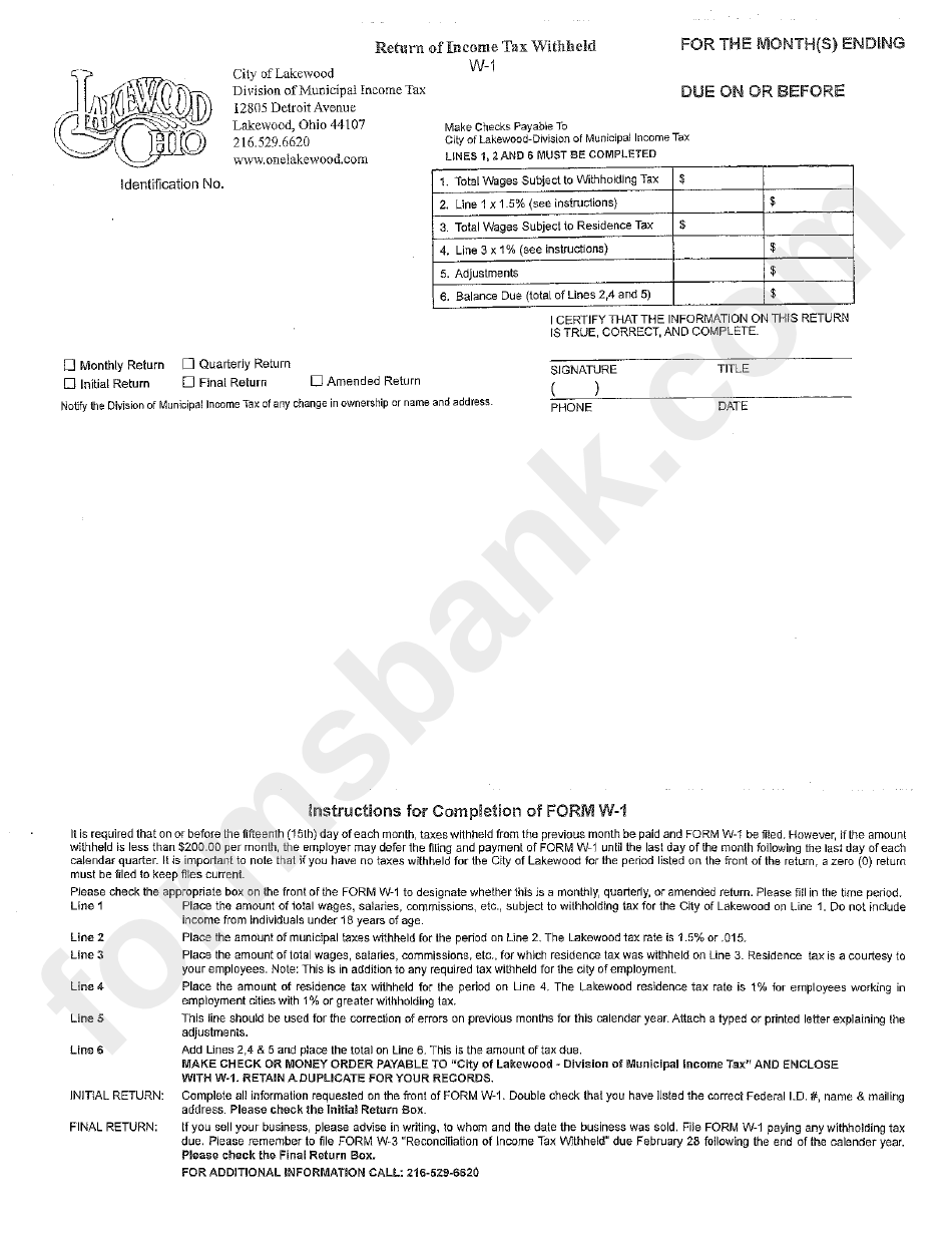 Form W-1 - Return Of Income Tax Withheld printable pdf download
