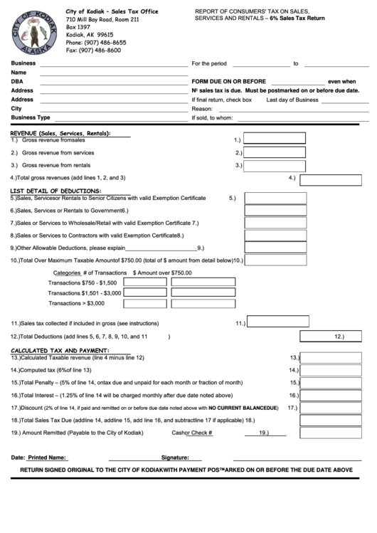 Fillable Report Of Consumers' Tax On Sales, Services And Rentals - 6% ...