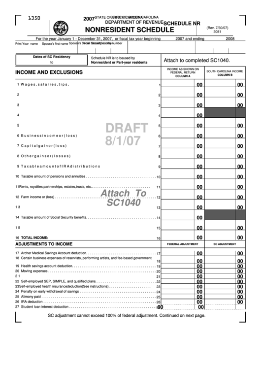 Form 3081 - Schedule Nr Draft - Nonresident Schedule - 2007 printable ...