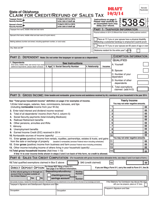 Form 538-S Draft - Claim For Credit/refund Of Sales Tax - 2014 ...