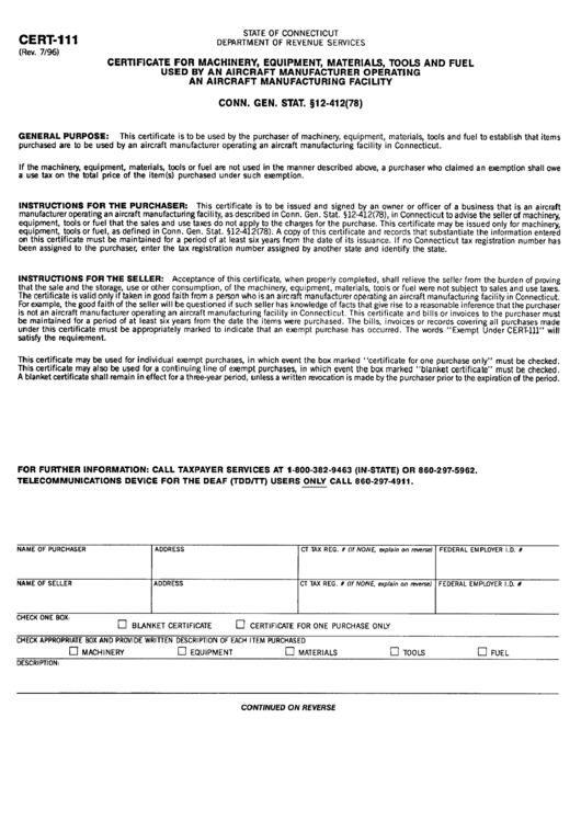 Form Cert-111 - Certificate For Machinery, Equipment, Materials, Tools ...