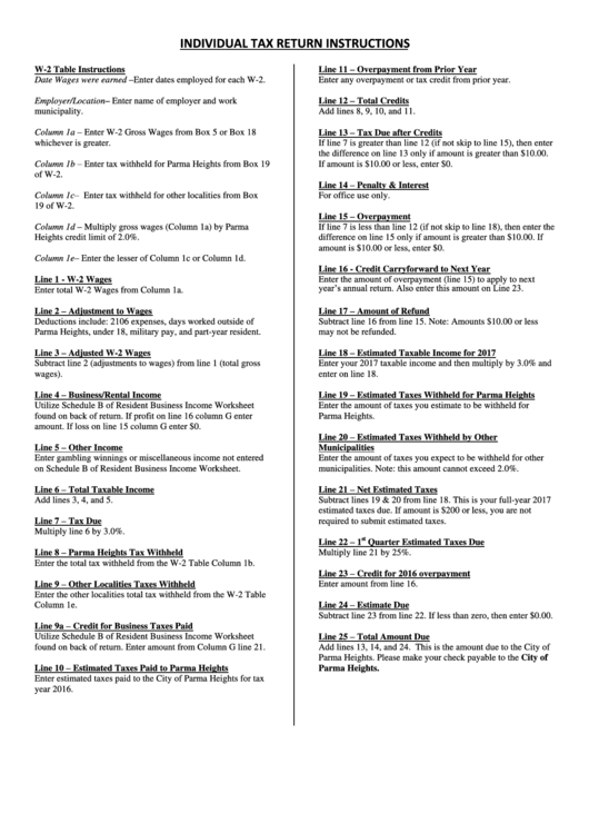 Individual Tax Return Instructions printable pdf download