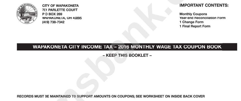 Monthly Wage Tax Coupon Book - 2016 printable pdf download
