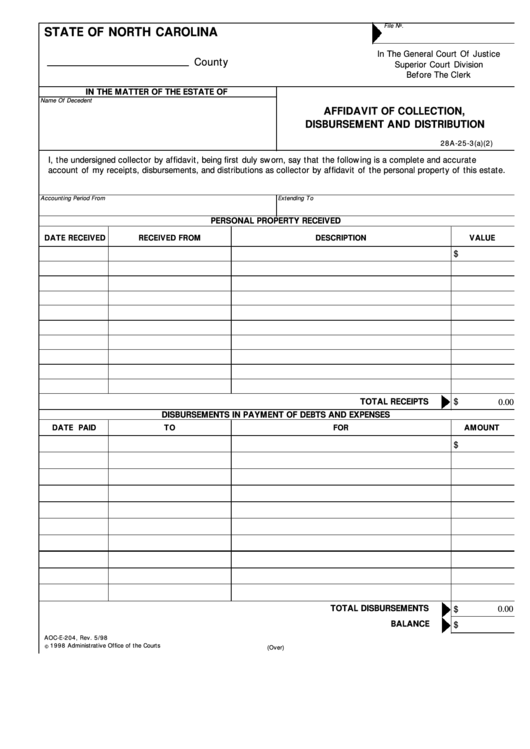 Fillable Form Aoc-E-204 - Affidavit Of Collection, Disbursement And ...