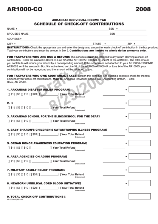 Form Ar1000-Co Draft - Schedule Of Check-Off Contributions - 2008 ...