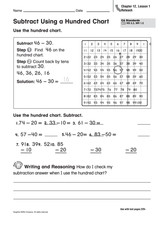 Subtract Using A Hundred Chart Printable Pdf Download